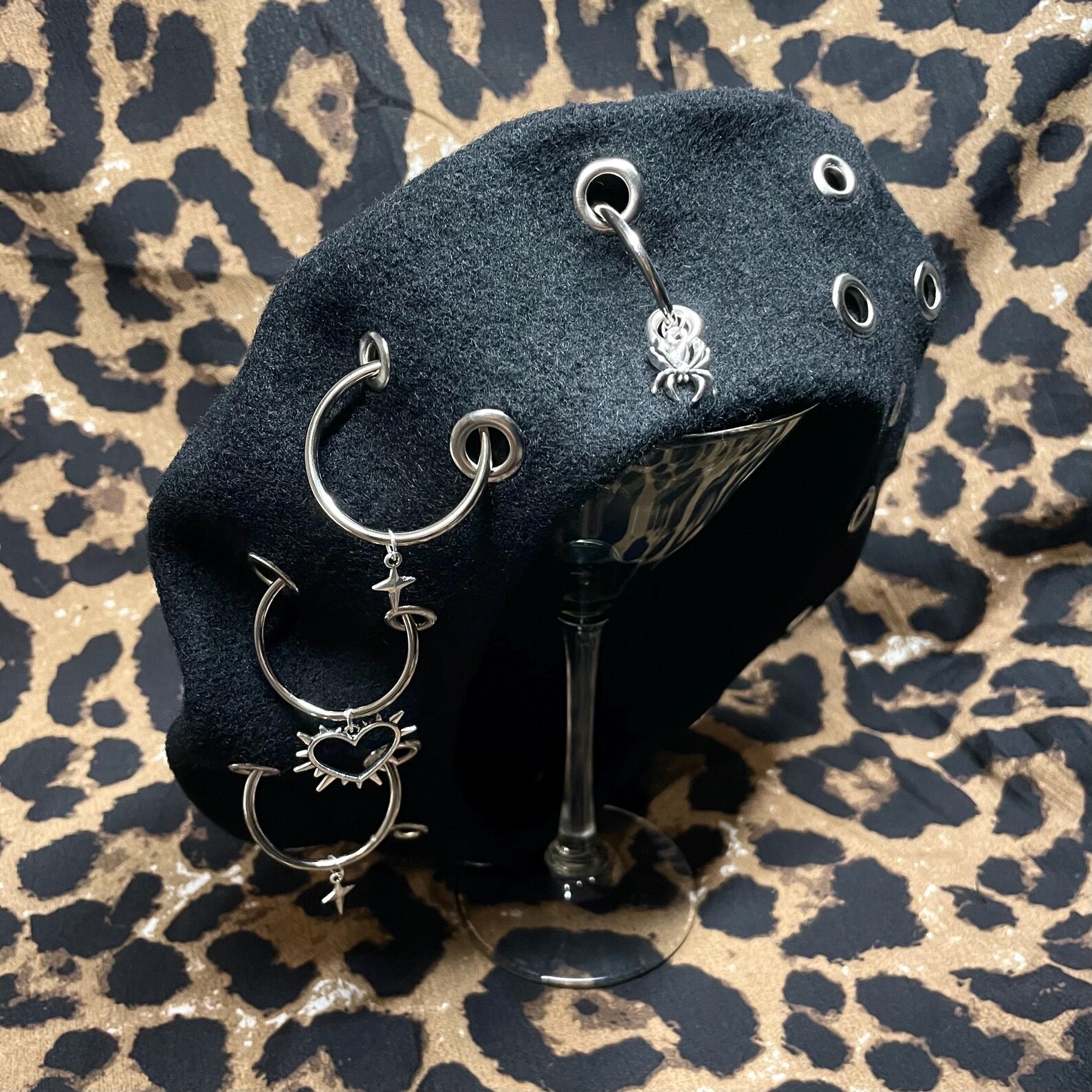 Edgy Grommet Black Beret With Silver Piercing Hoops & Charms – Alt Goth ...