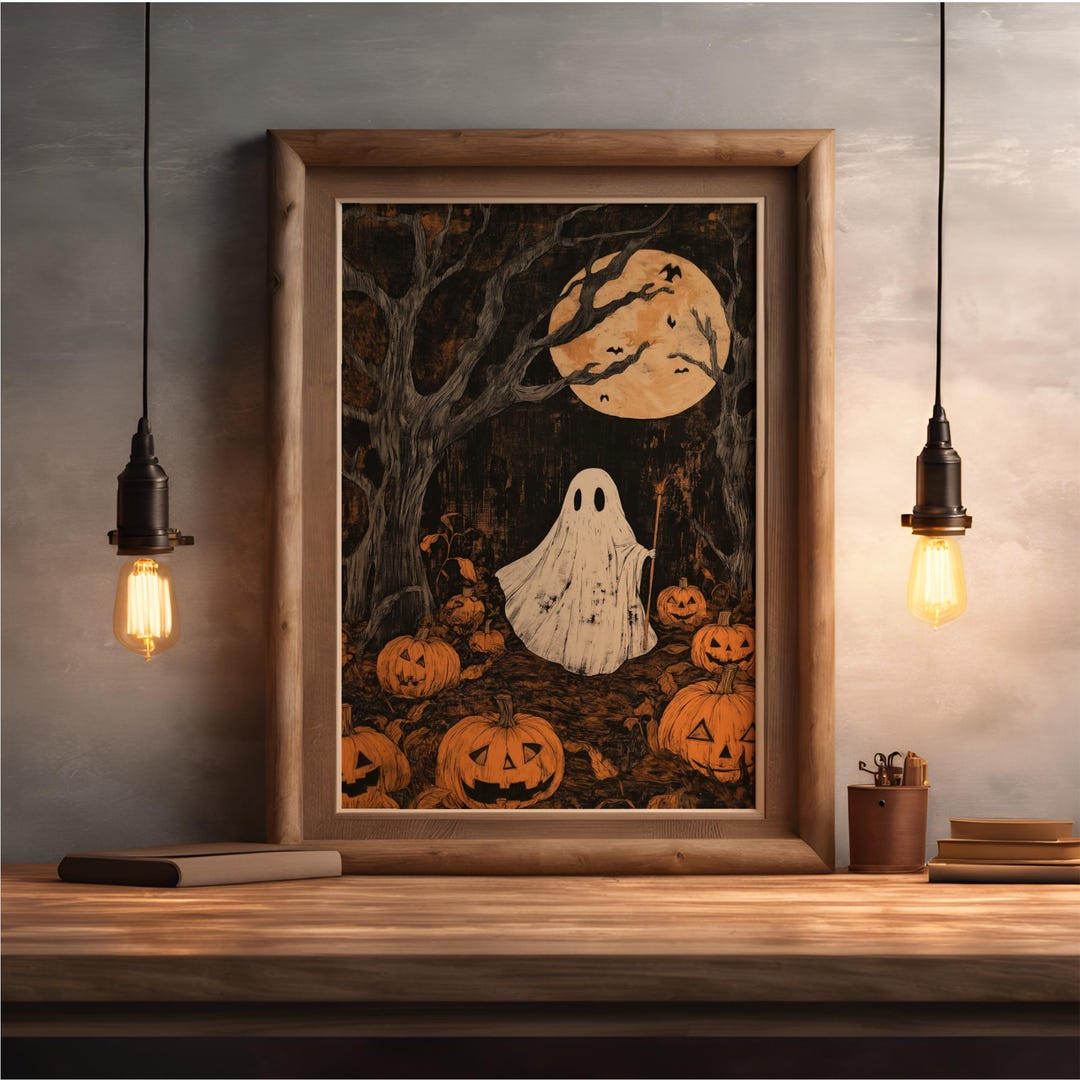 Ghost in Forest Halloween Art Print | Spooky Woodcut Poster (digital ...