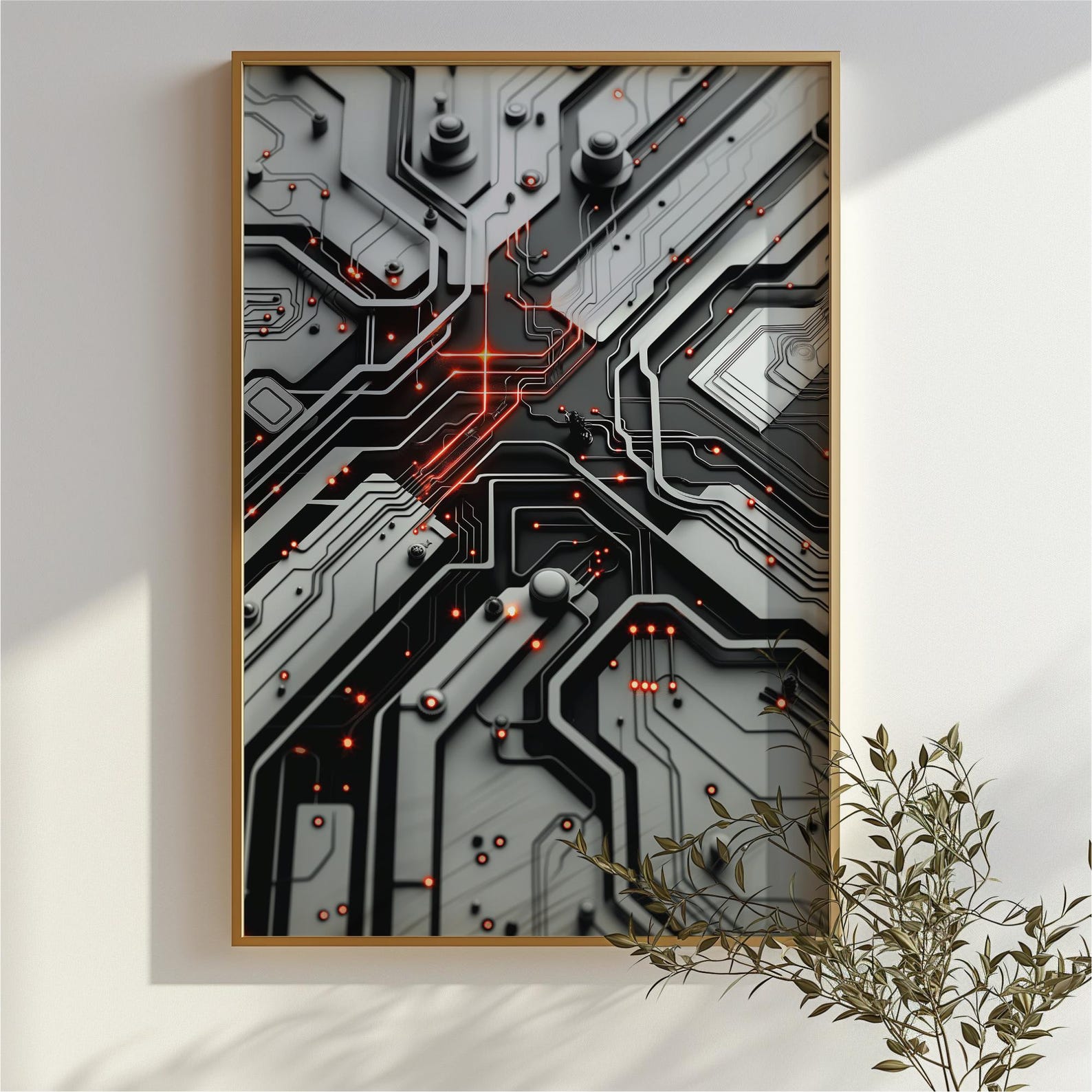 Circuits in Red Art Print: Abstract Geometric Technology Decor (digital ...