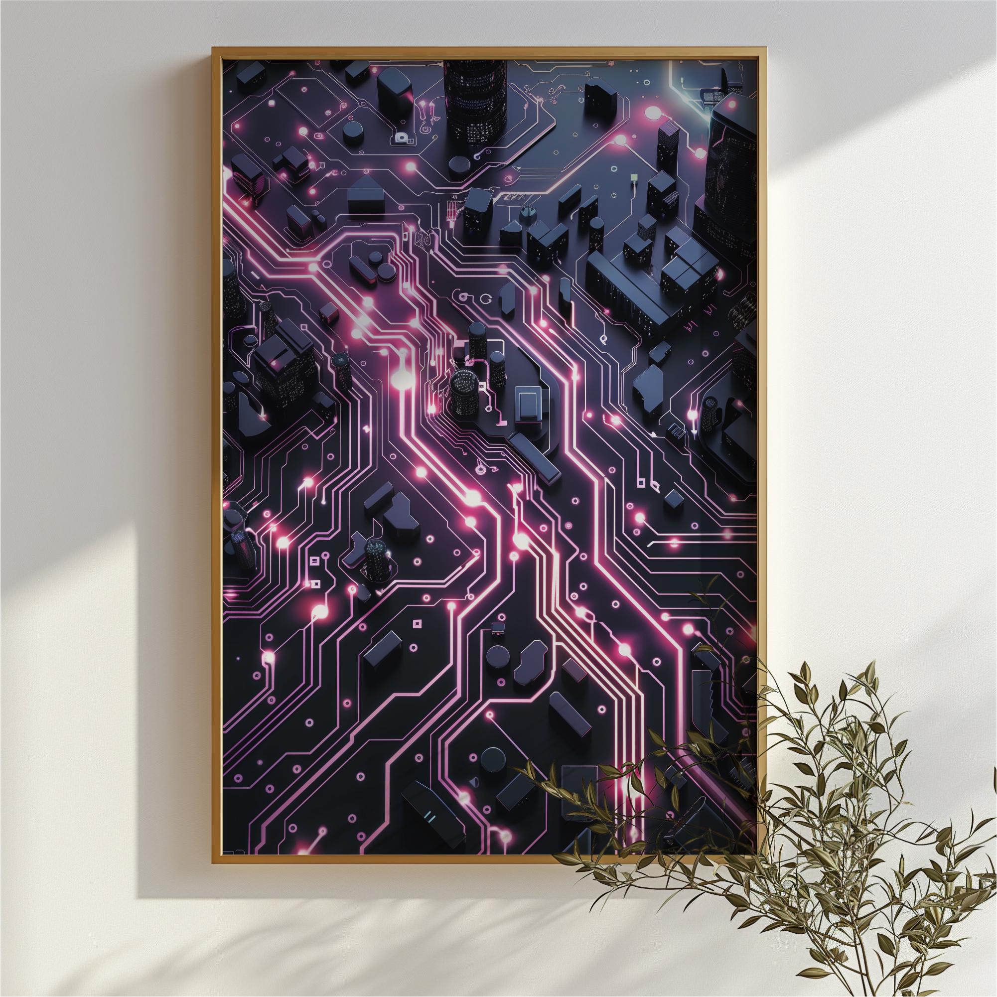 Black & Pink Circuit Diagram Art Print: High Tech Geometric Poster ...