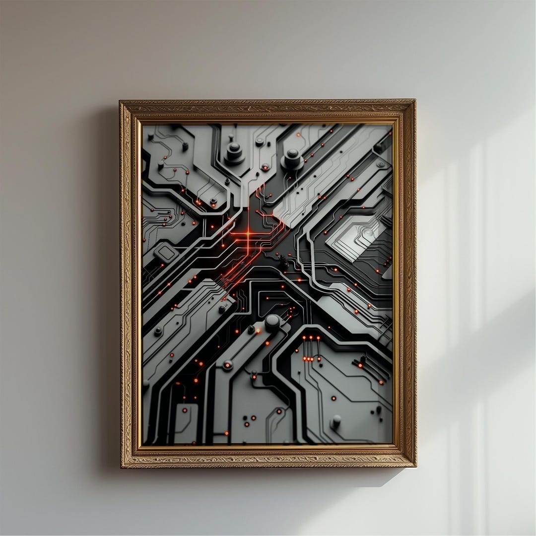 Circuits in Red Art Print: Abstract Geometric Technology Decor (digital ...