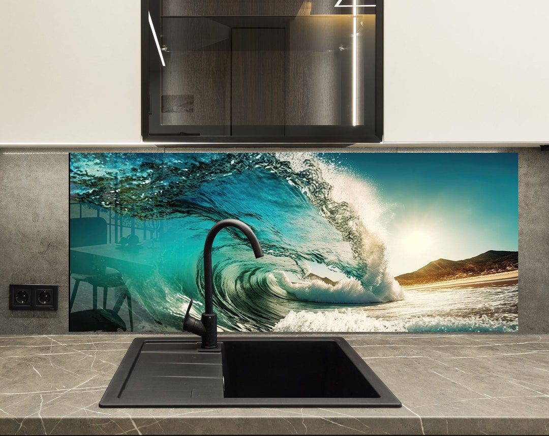 Tempered Glass Wave Backsplash Tile Sea Waves Splashback for - Etsy