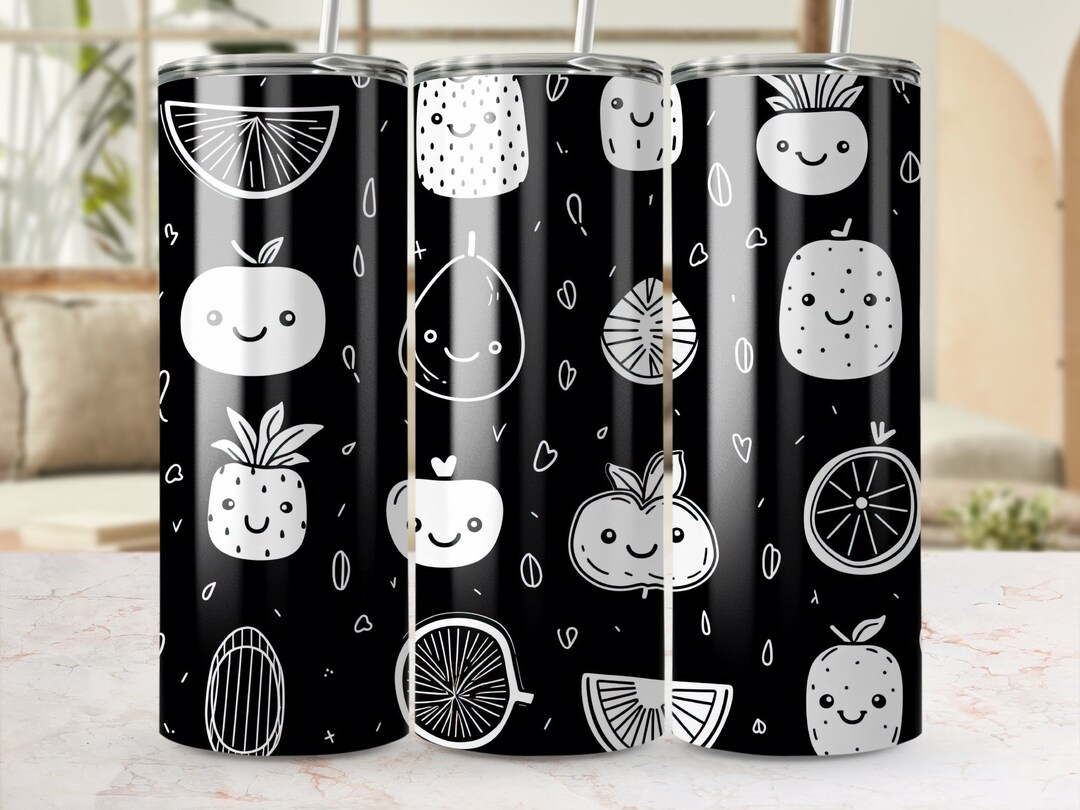 Cute Kawaii Fruits Pattern 20oz Skinny Tumbler Wrap, Seamless Black and ...