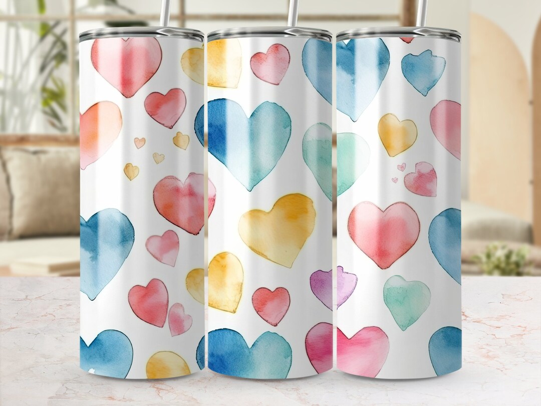 Watercolor Hearts Tumbler Wrap, Seamless 20oz Skinny Sublimation Design ...