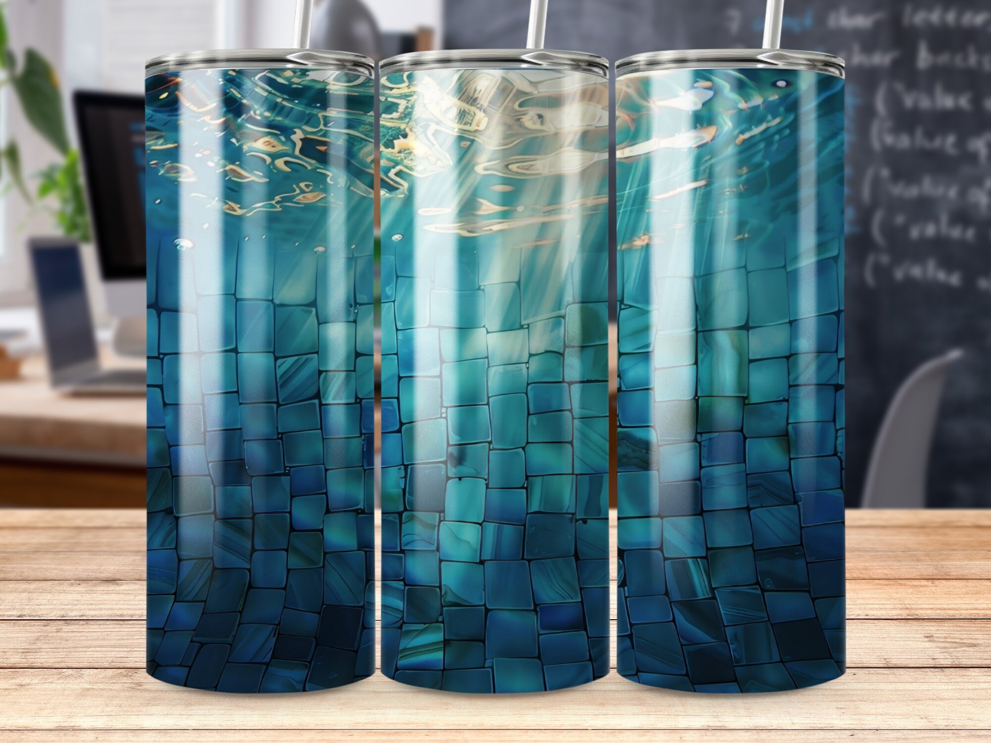 Abstract Blue Water Tiles Seamless 20oz Skinny Tumbler Wrap Template ...