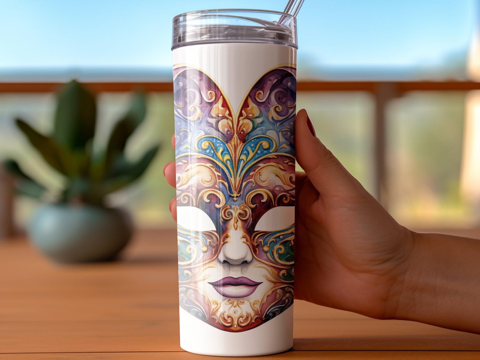 Whimsical Masquerade Mask Design for Tumbler, Colorful Swirls and Beads ...