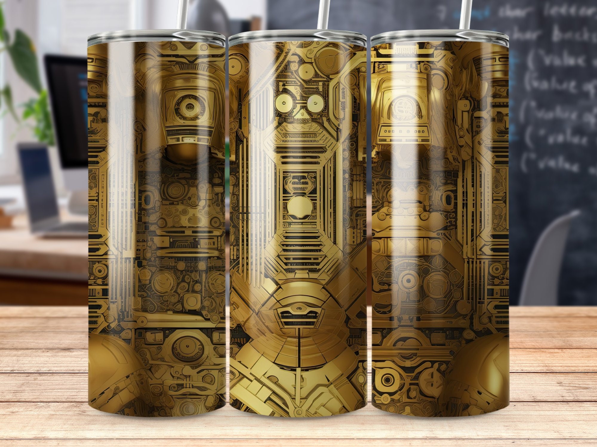 Sci-fi Robot Circuit Gold Background 20oz Skinny Tumbler Wrap, Seamless ...