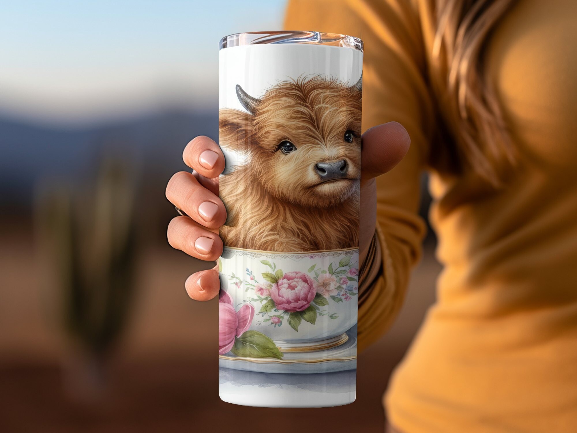 Highland Cow in Teacup Design, Floral 20oz Skinny Tumbler Wrap ...