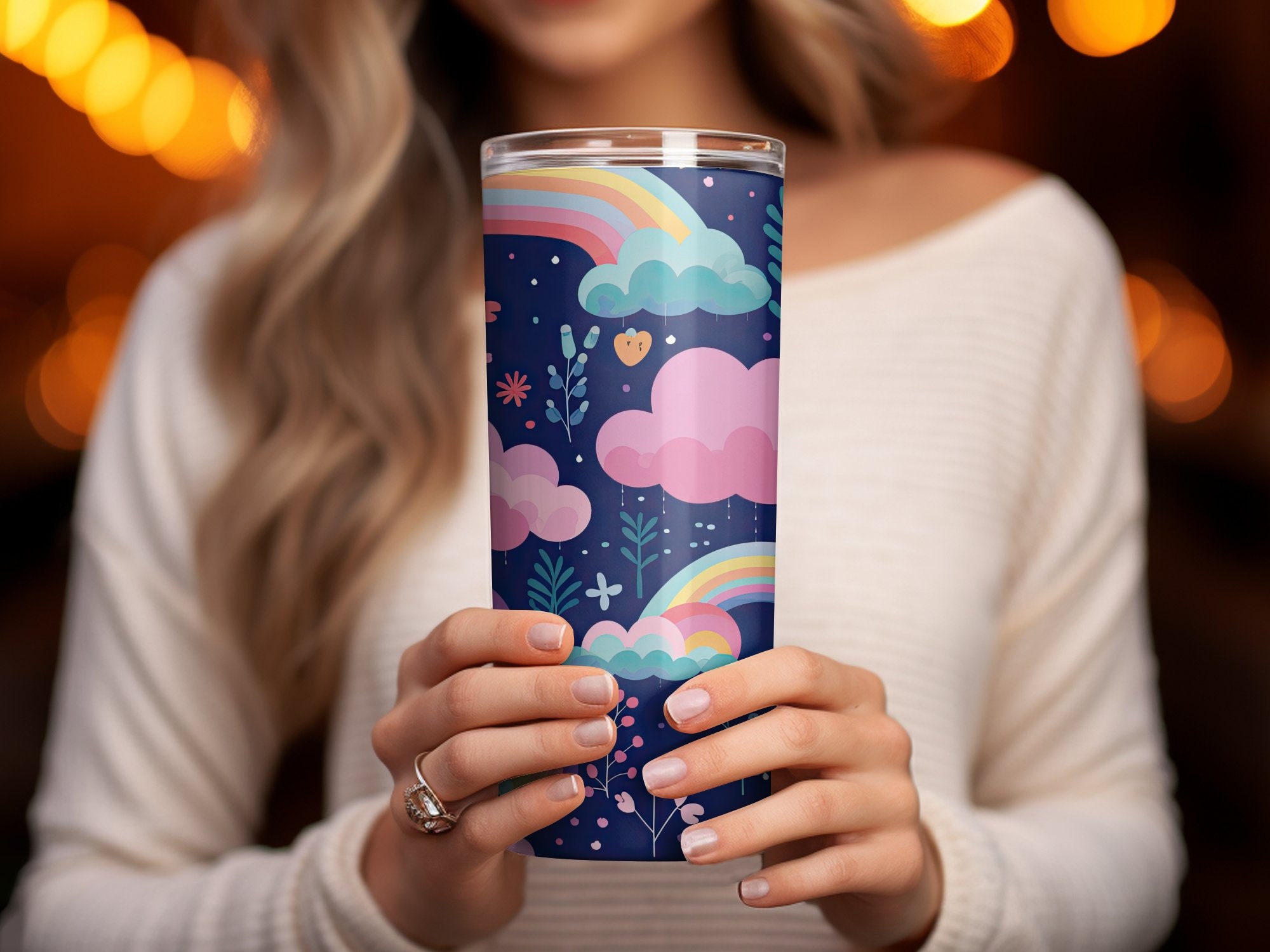 Whimsical Rainbow and Clouds Tumbler Wrap Design, 20oz Skinny ...