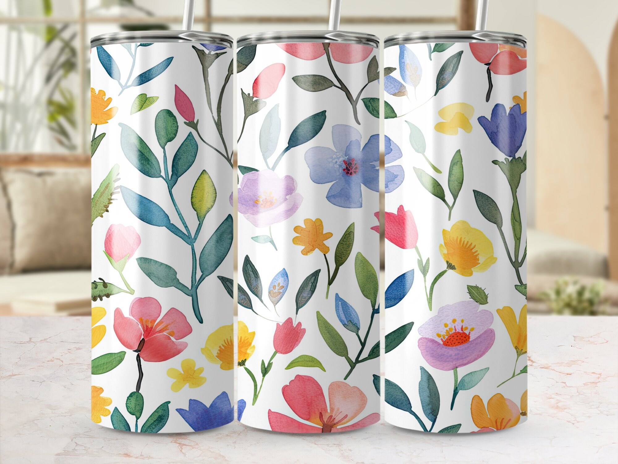 Watercolor Floral Tumbler Wrap, 20oz Skinny Seamless Sublimation Design ...