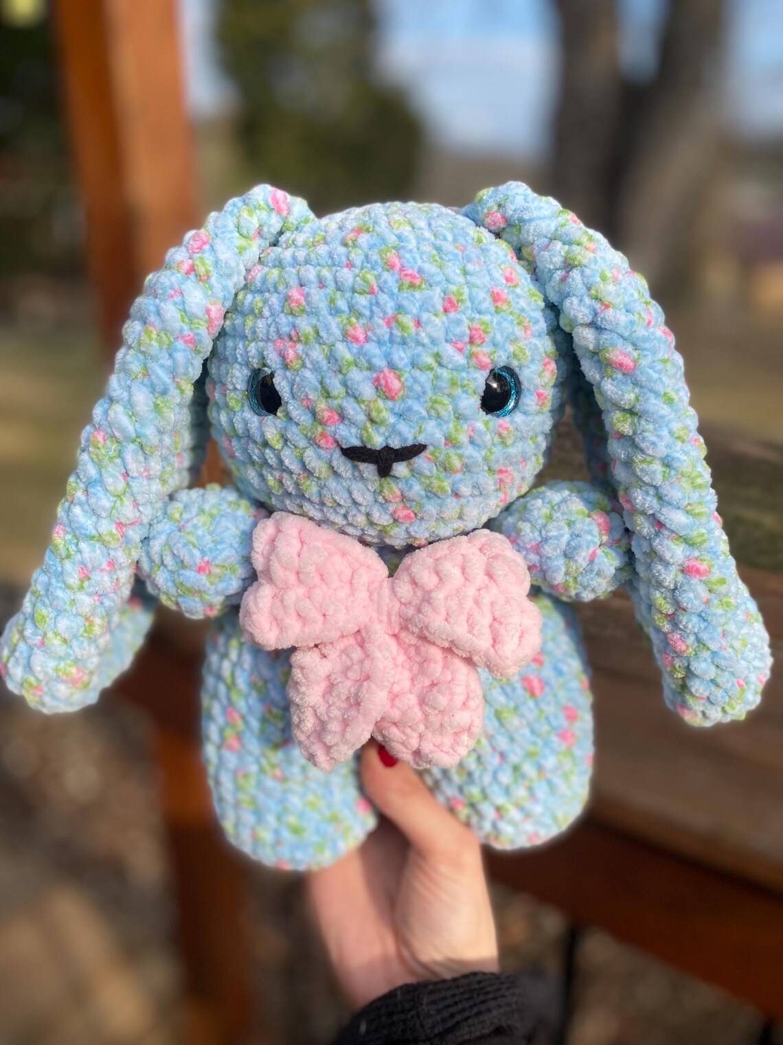 Handmade Blue Plush Bunny With Pink Bow – Soft & Cuddly Amigurumi Bunny ...