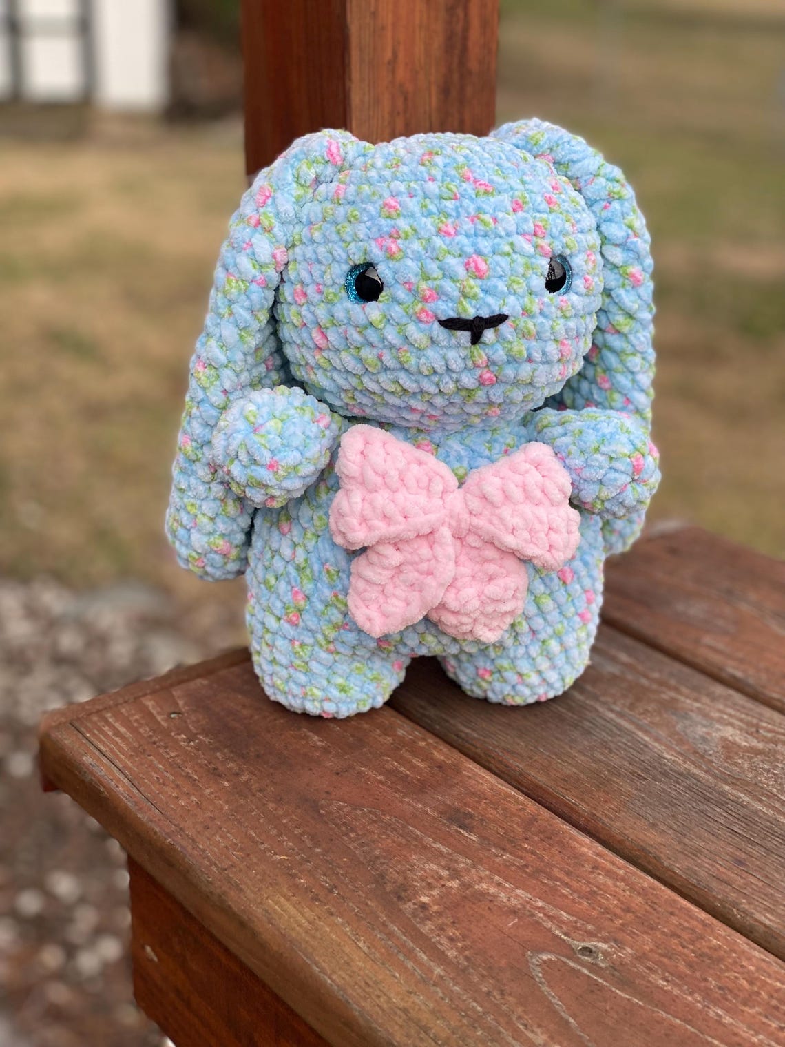 Handmade Blue Plush Bunny With Pink Bow – Soft & Cuddly Amigurumi Bunny ...