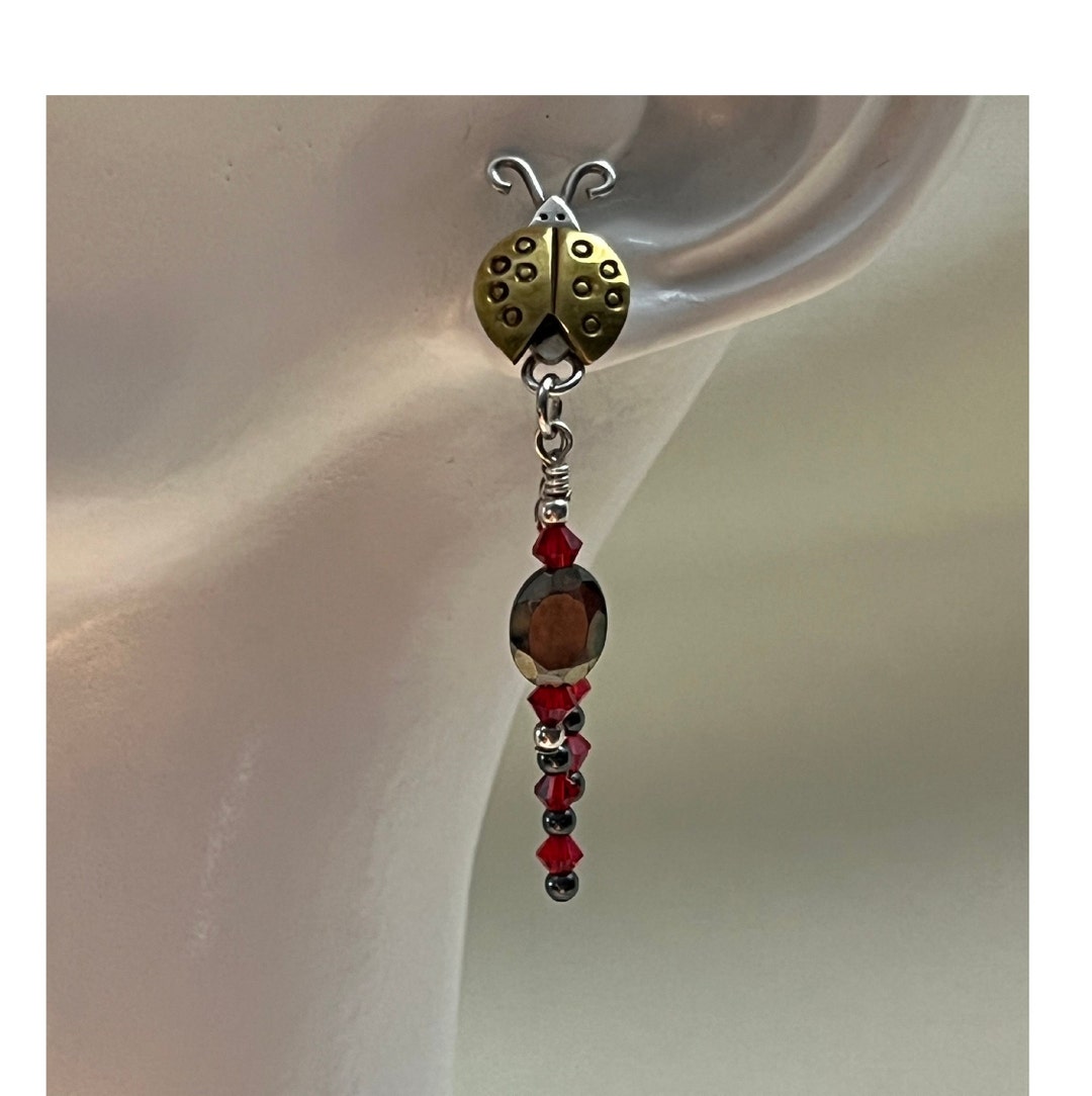 Ladybug Dangle Earrings: Garnet, Crystal & Hematite - Sterling Silver ...