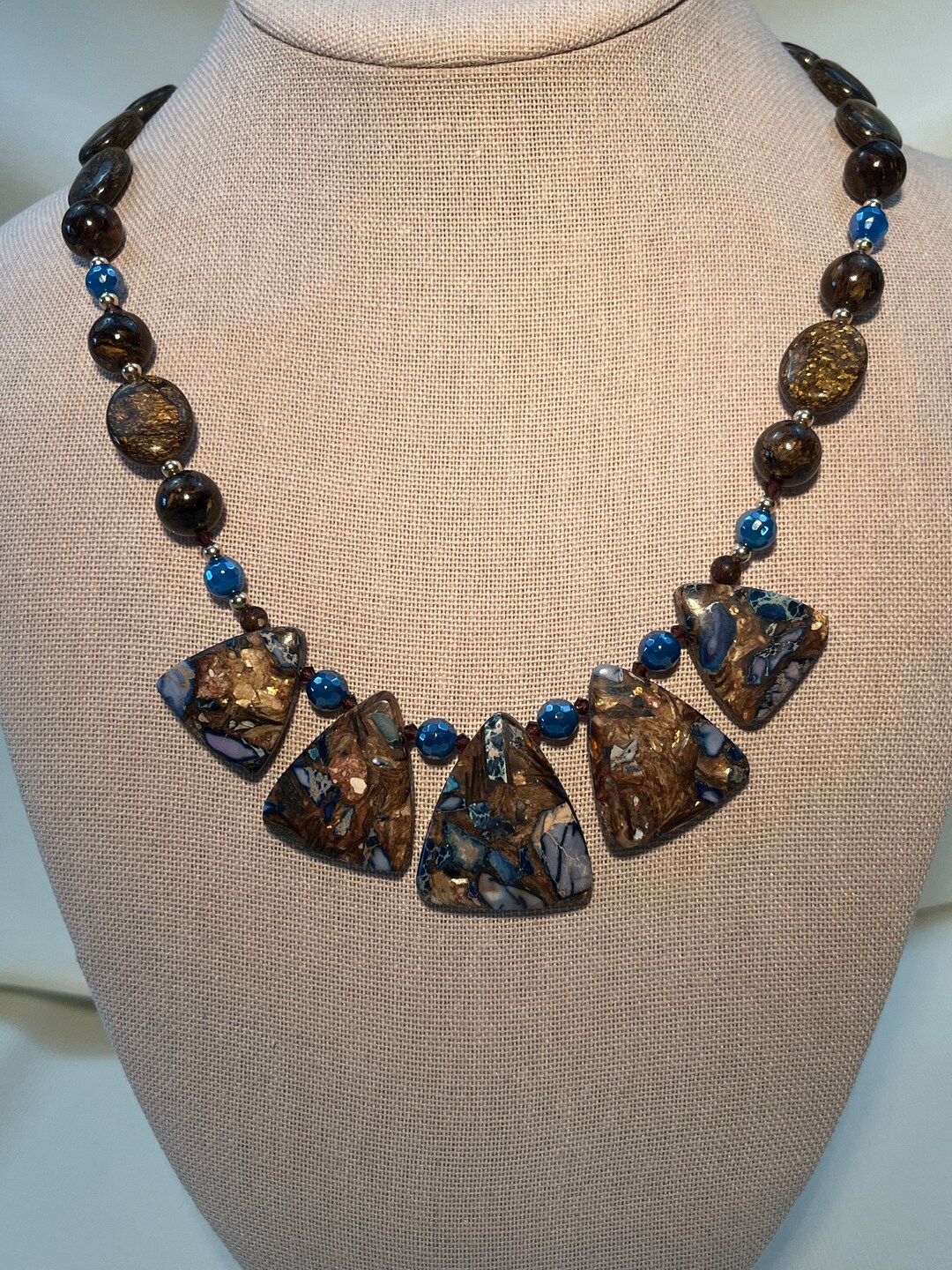 Earthy Blue & Brown Gemstone, Pendant Necklace/bronzite, Jasper, Agate ...