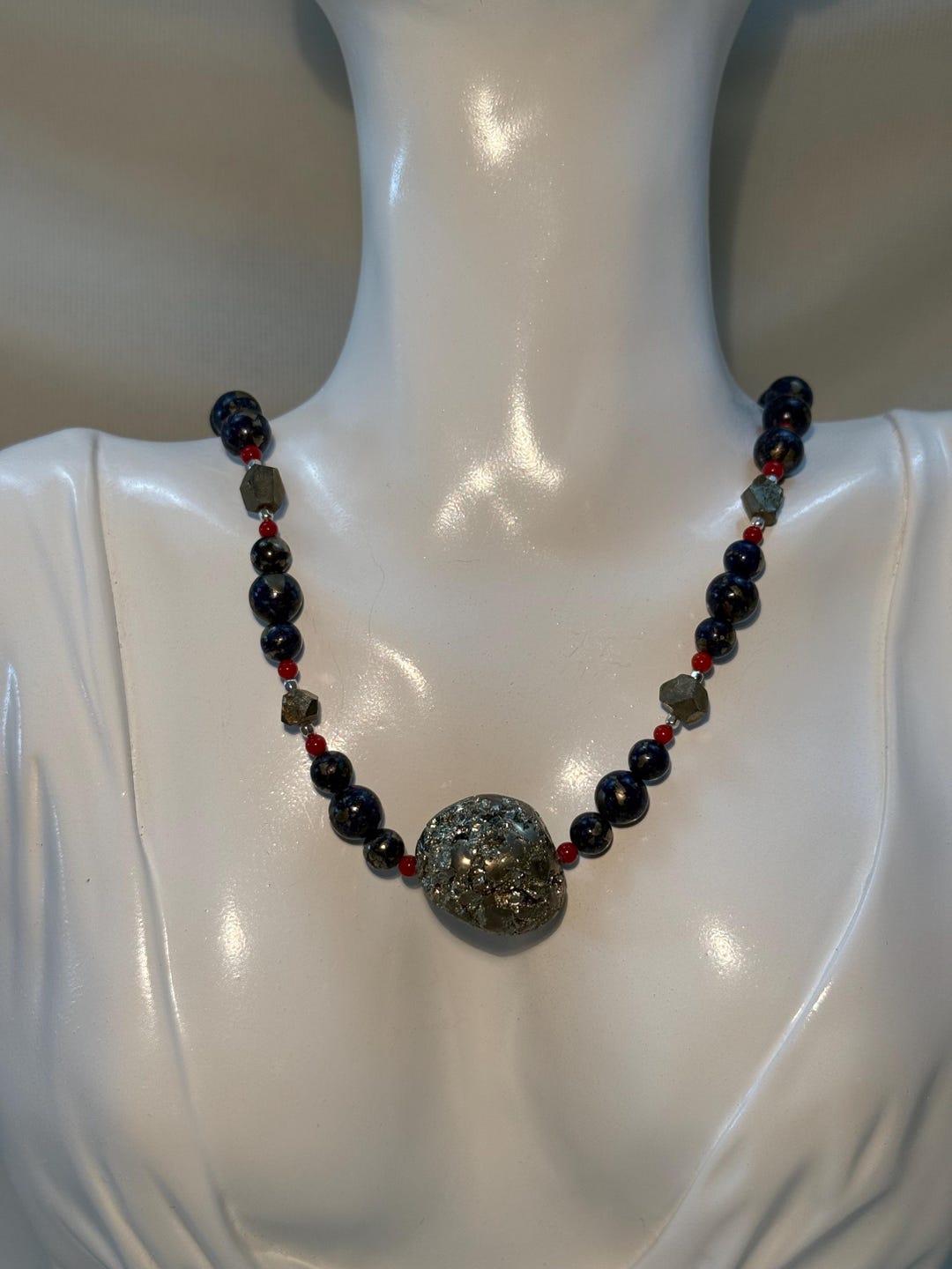 Gemstone Necklace/lapis Lazuli, Pyrite & Coral With Silver Jewelry ...
