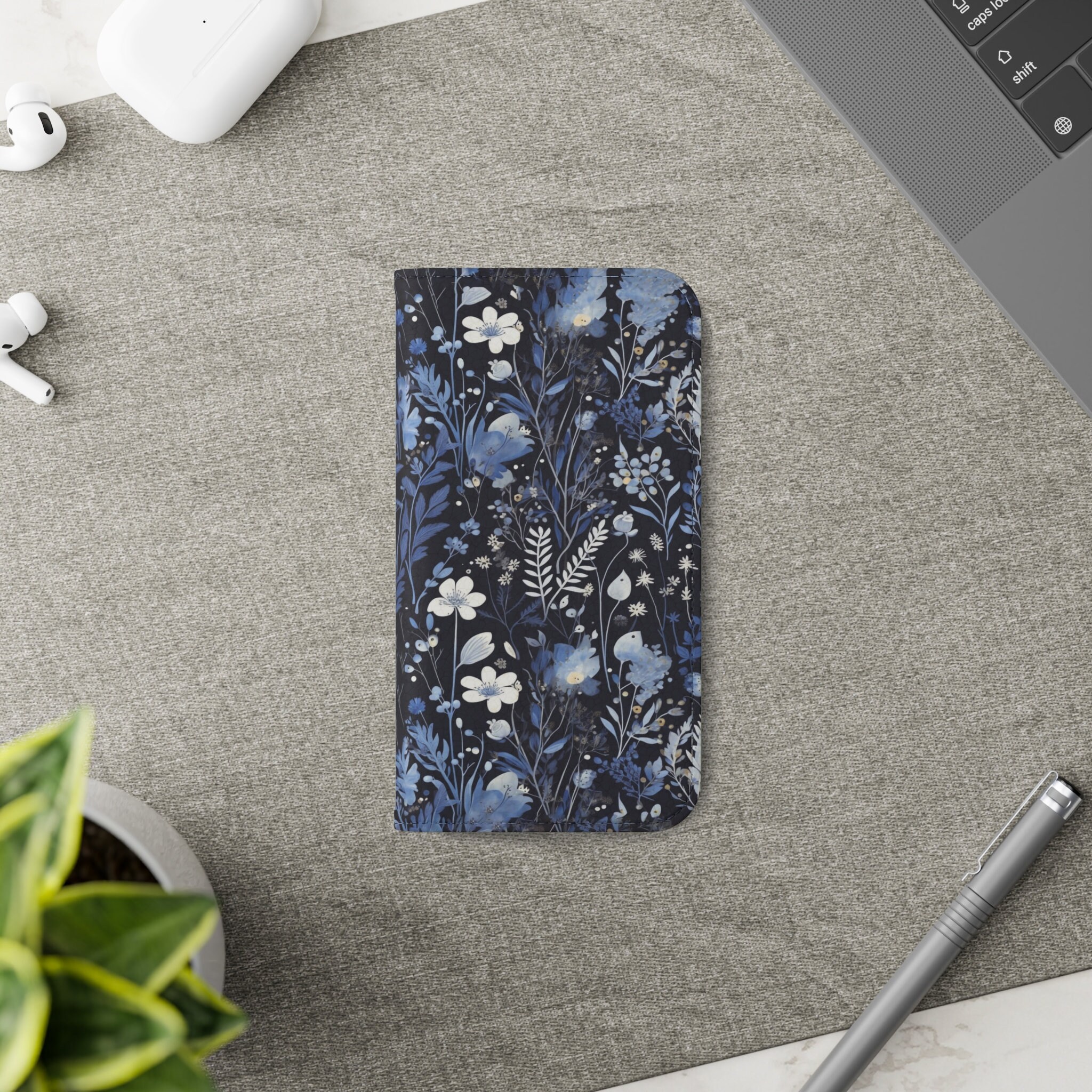 Blue Cottagecore Vegan Phone Flip Case, Smartphone Folio Wallet for ...