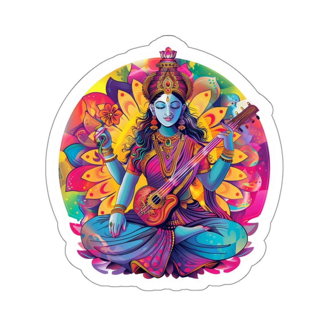 Colorful Goddess Saraswati Laptop Sticker - Divine Art for Creativity ...