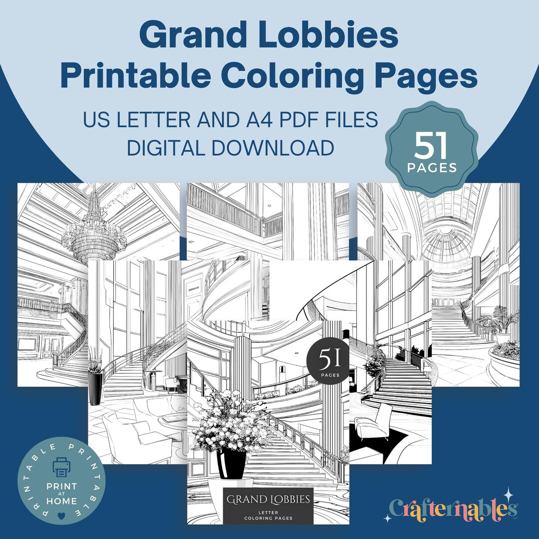Grand Hotel Lobby Coloring Pages | Printable Luxury Interiors | A4 and ...