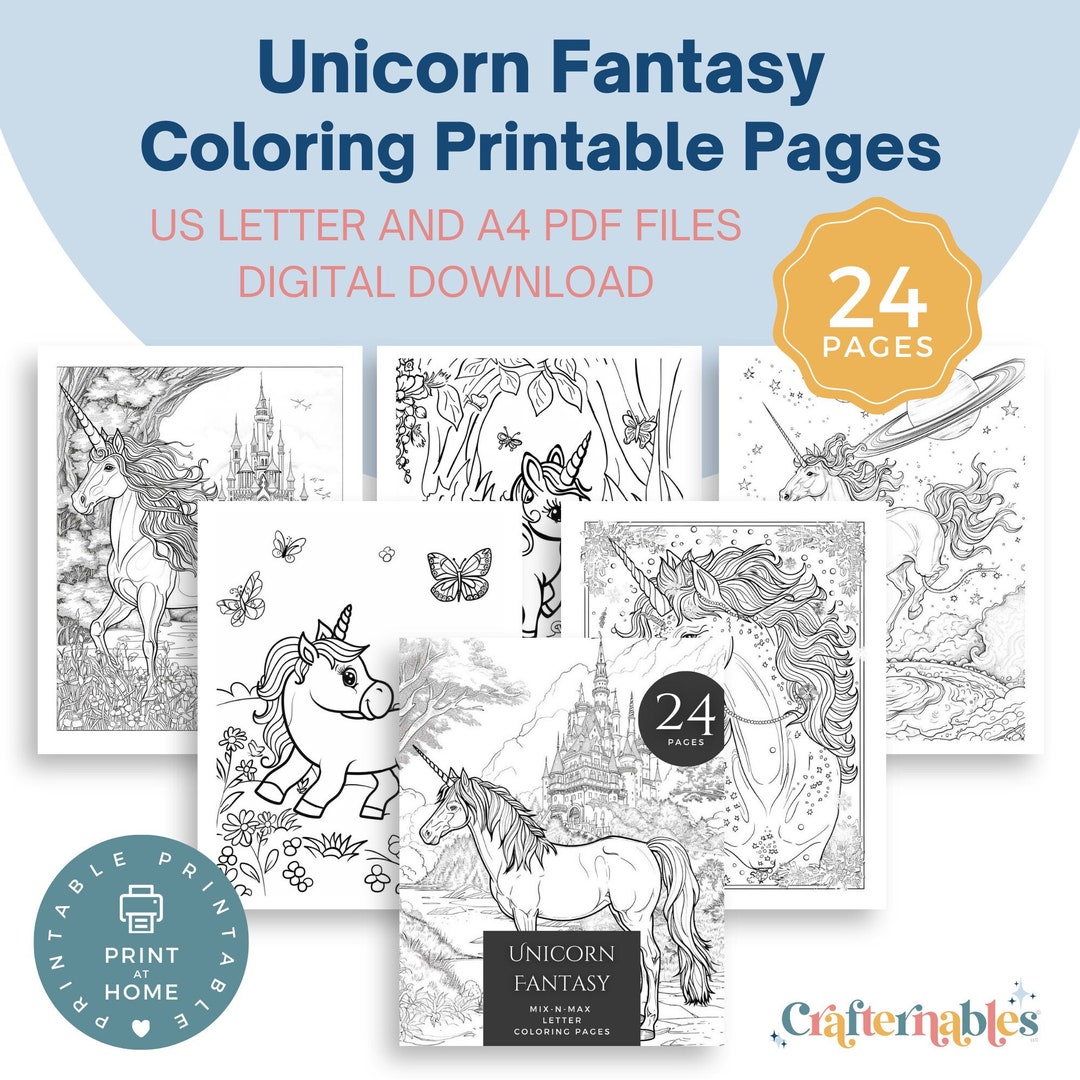 Fantasy Unicorn Coloring Pages - Printable - 24 Instant Download Fairy ...
