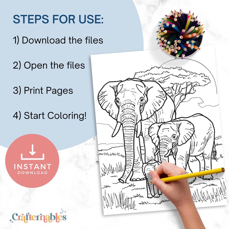 African Elephant Coloring Pages | Wildlife Art, Safari Animals (PDF) - Etsy