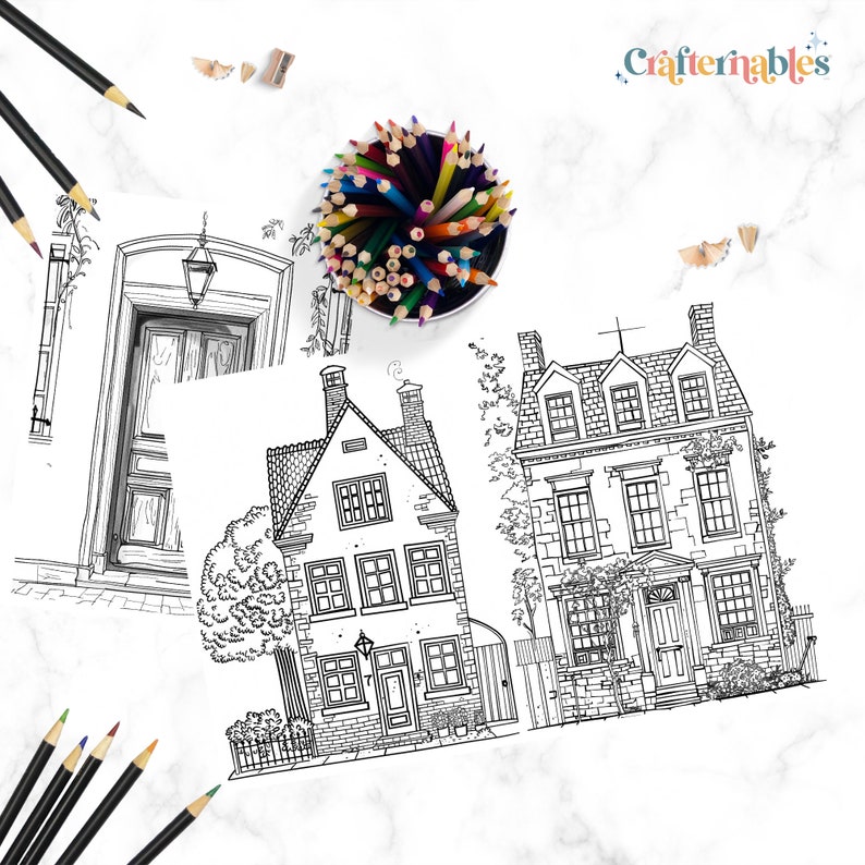 Cottage Townhouse Coloring Pages – Architecture Printable (PDF) - Etsy