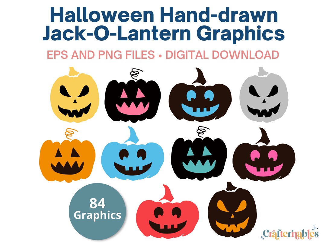 Vibrant Jack-o-lantern Clip Art Set - 84 Hand-drawn Bright Graphics ...