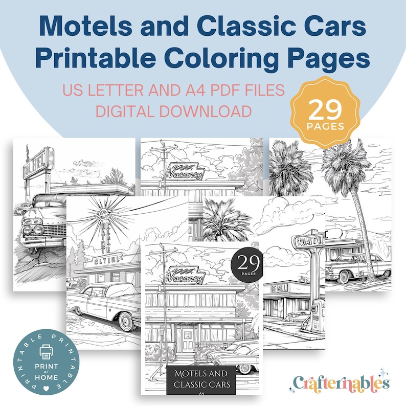 Retro Motel & 1950s Car Coloring Pages | Road Trip Art (PDF Download ...