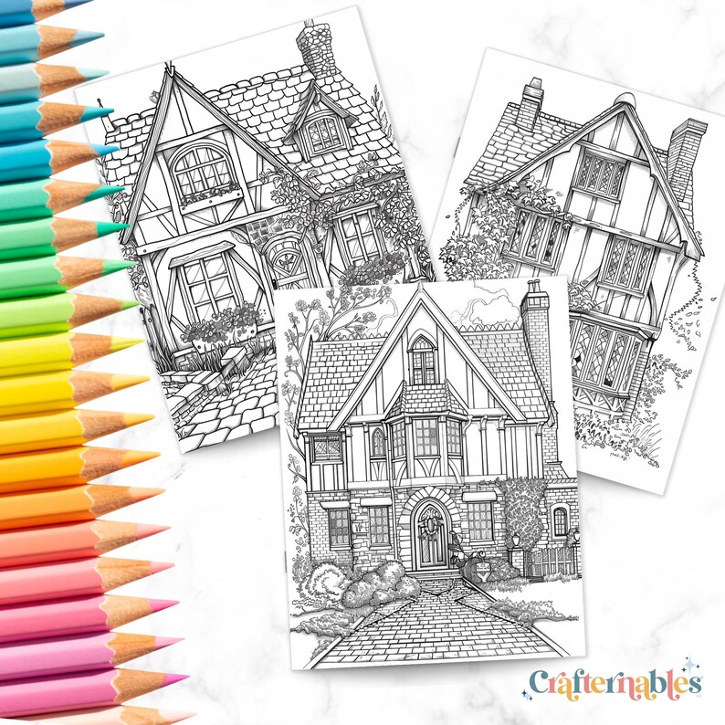 Tudor Home Coloring Pages | Vintage Architecture Illustrations (PDF ...