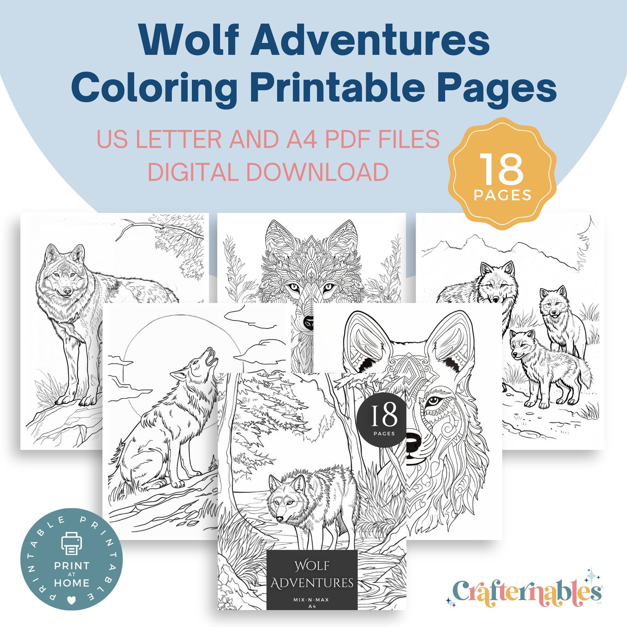 18 Howling Wolf Coloring Pages: Relaxing Printable PDF (US Letter & A4 ...