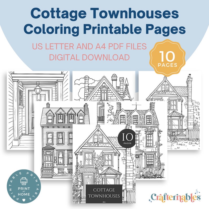 Cottage Townhouse Coloring Pages – Architecture Printable (PDF) - Etsy