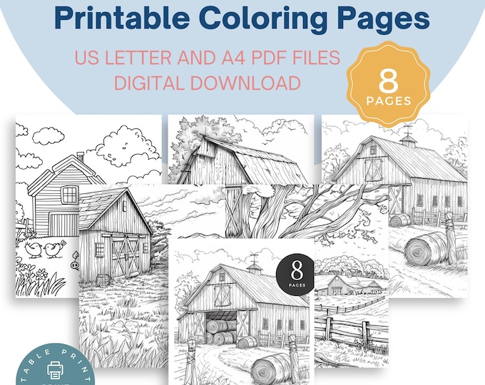 Grayscale Farm Barn Coloring Page for Adults, 8.5x11 in 300dpi, Stress ...