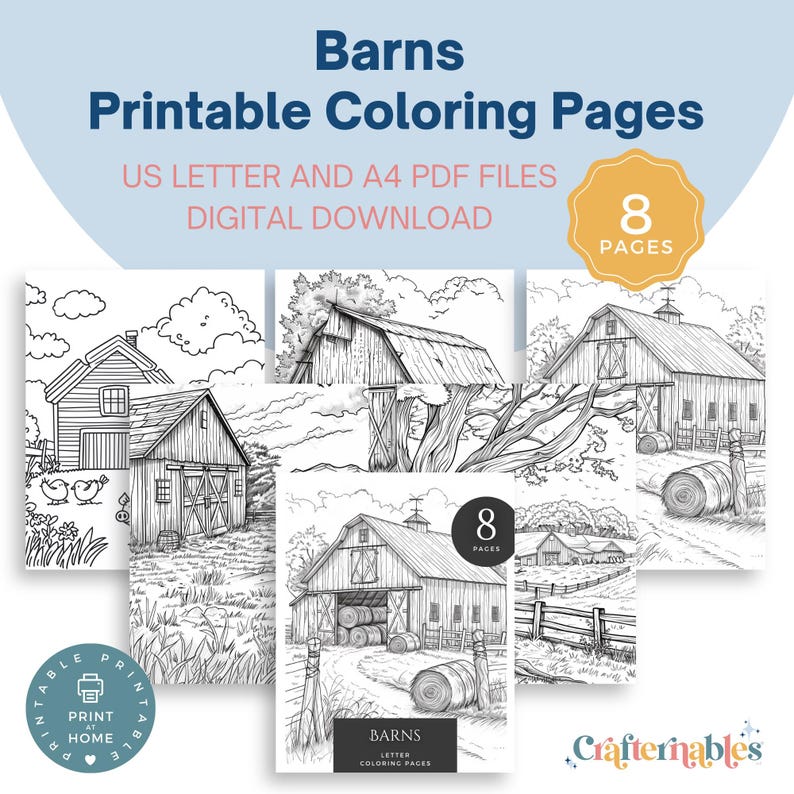 8 Barn Coloring Pages Printable | Rustic Farmhouse Art | Adult Coloring ...