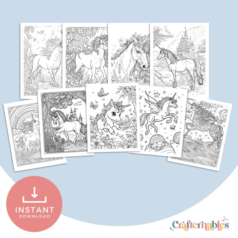 Fantasy Unicorn Coloring Pages - Printable - 24 Instant Download Fairy ...