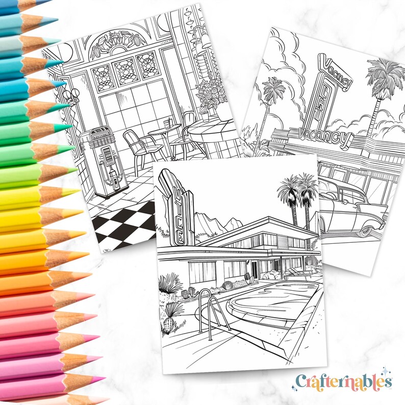 Retro Motel & 1950s Car Coloring Pages | Road Trip Art (PDF Download ...