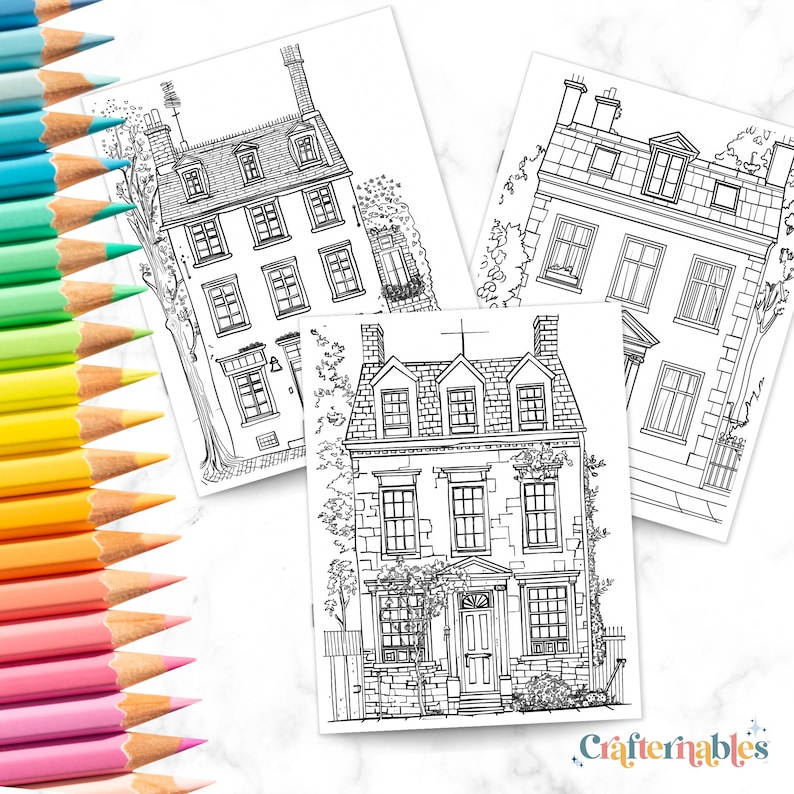 Cottage Townhouse Coloring Pages – Architecture Printable (PDF) - Etsy