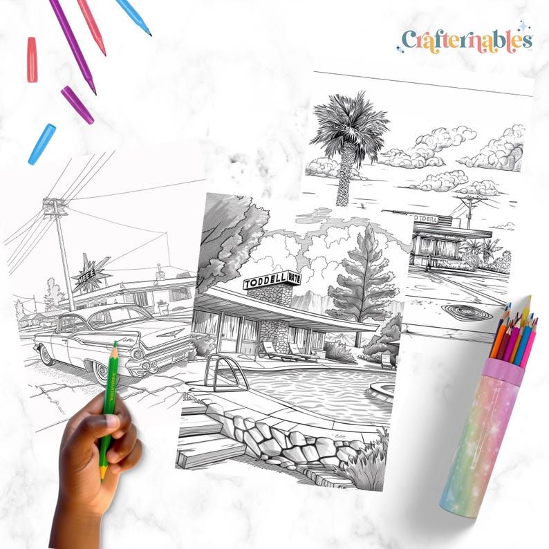 Retro Motel & 1950s Car Coloring Pages | Road Trip Art (PDF Download ...