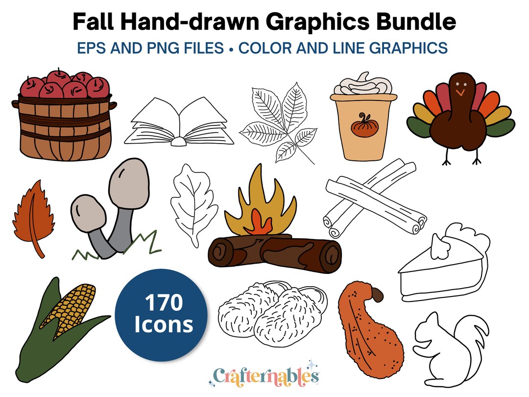 Complete Hand-drawn Fall Graphics - 170 Clip Art Icons, EPS and PNG ...