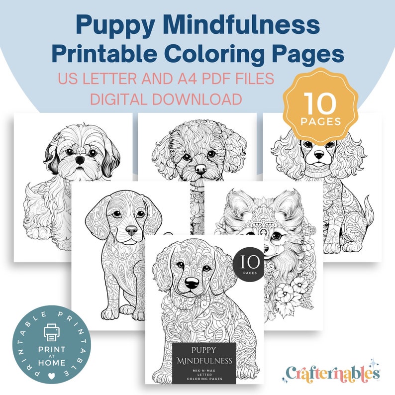 Puppy Mindfulness Coloring Pages: Stress Relief Art Therapy (digital ...