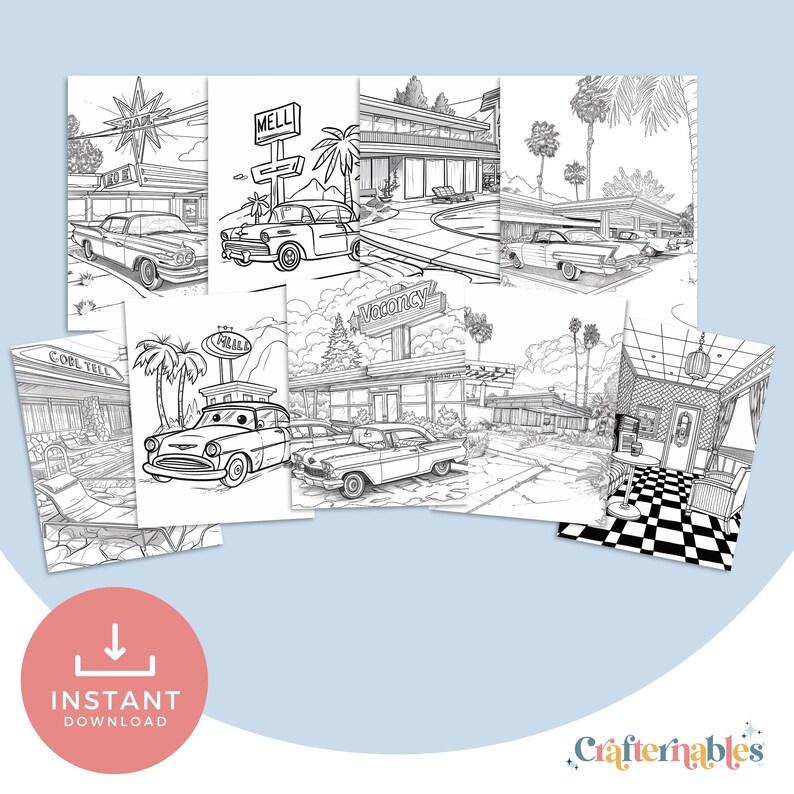 Retro Motel & 1950s Car Coloring Pages | Road Trip Art (PDF Download ...