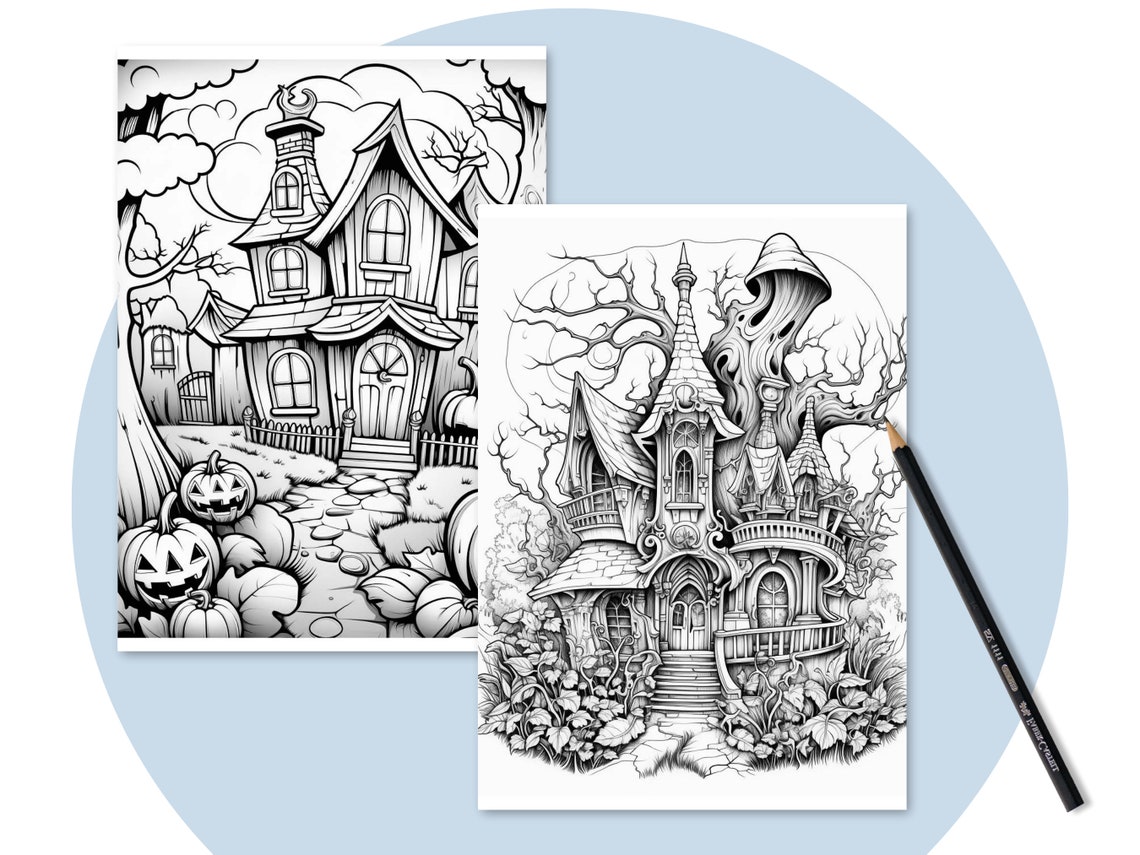 Haunted House Halloween Coloring Pages: Spooky Fun (PDF Printable) - Etsy