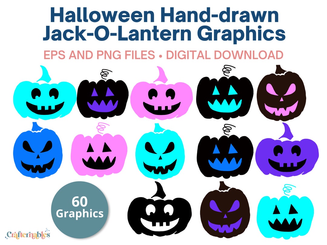Holographic Jack-o-lantern Clipart - 60 Hand-drawn Pumpkin Graphics in ...