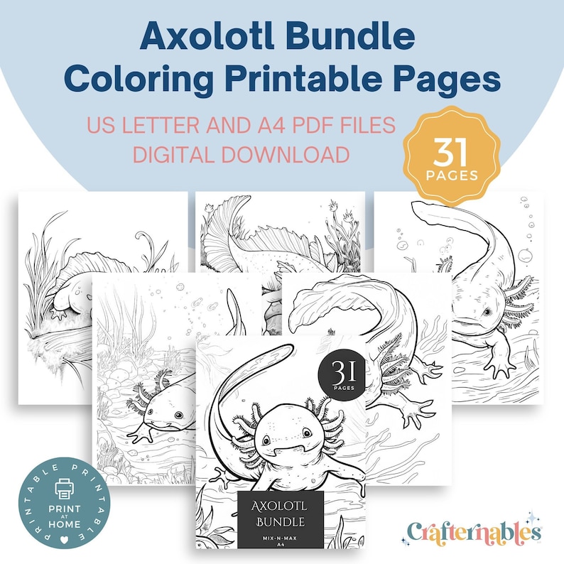31 Page Bundle Axolotl Coloring Pages for Kids - Educational Activity ...