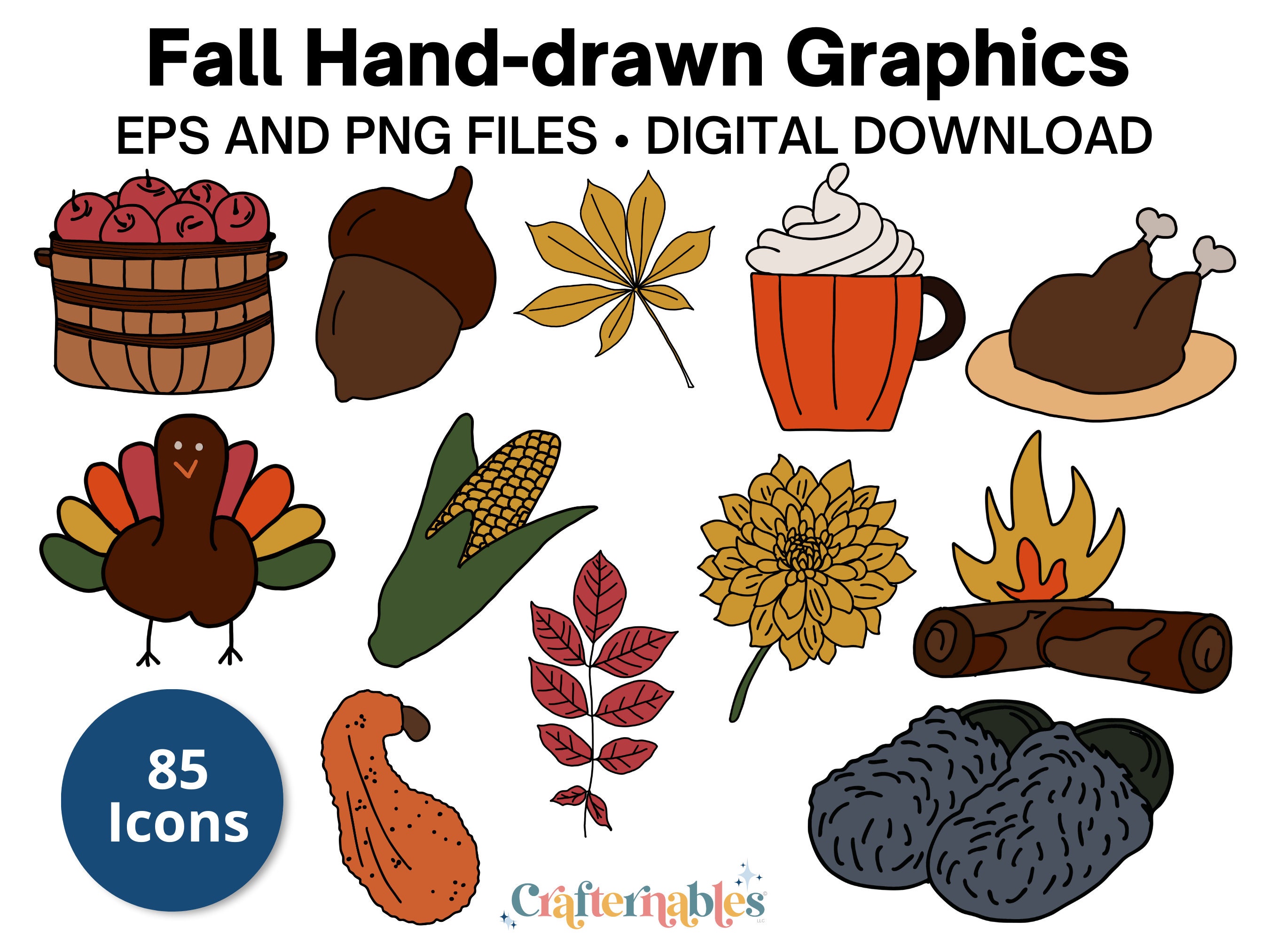 Charming Fall Clip Art Set 85 Hand-drawn Graphics, EPS and PNG ...