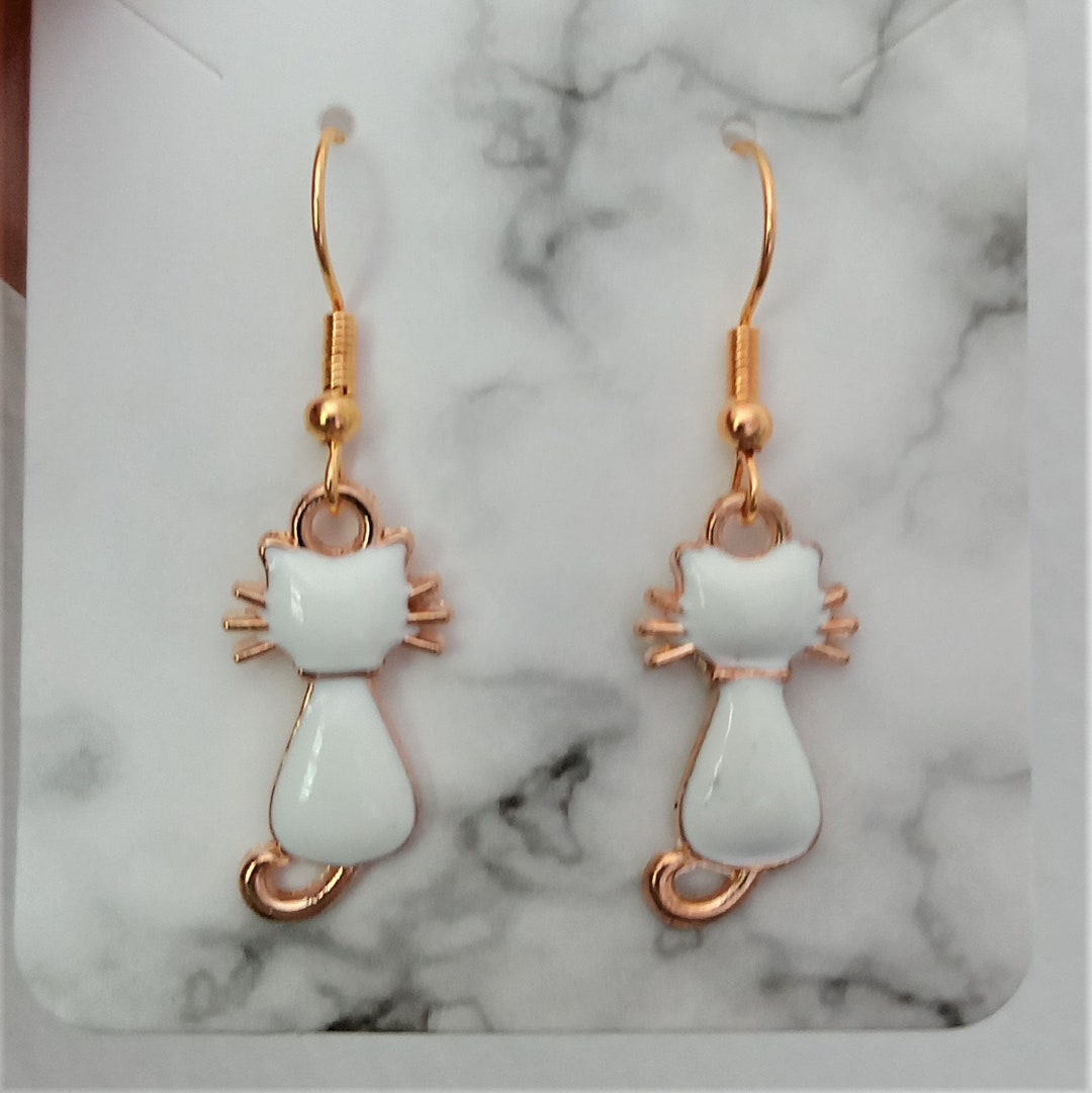 White Cat Enamel Earrings Animal Kawaii Jewellery Dangle - Etsy