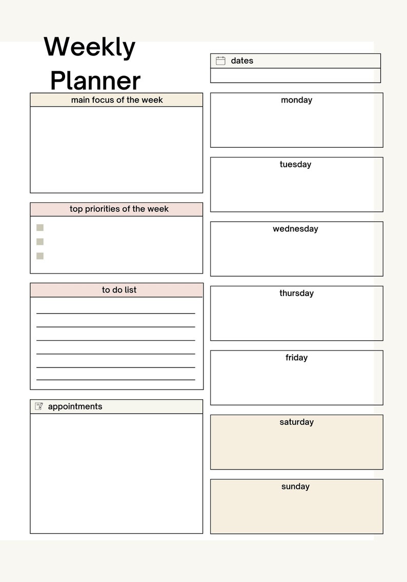 Weekly Planner Downloadable Sheets - Etsy