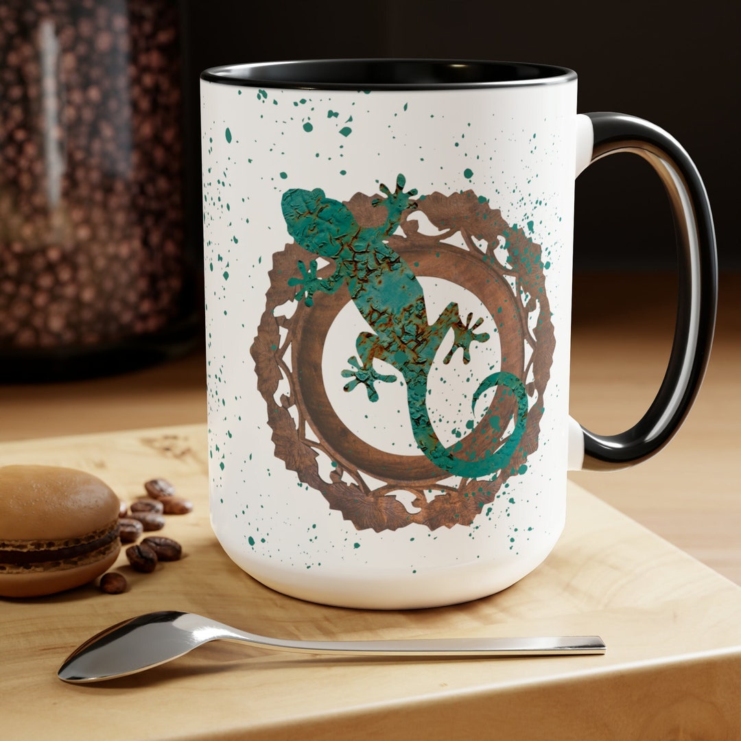 Turquoise and Copper Gecko Mug, Two-tone Coffee Mugs, 15oz ...