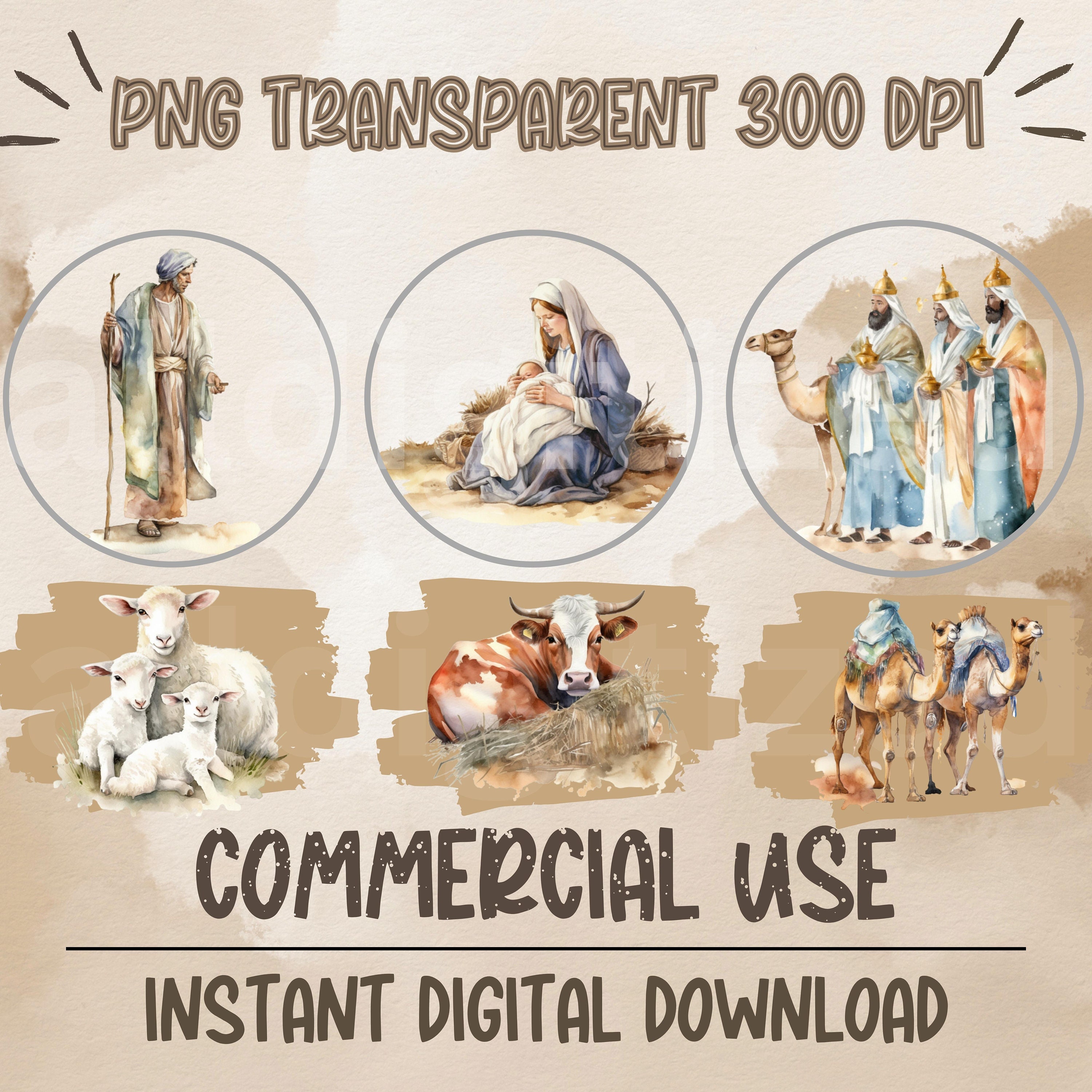 Watercolor Nativity Scene Clipart, 24 PNG Christmas Nativity Set ...