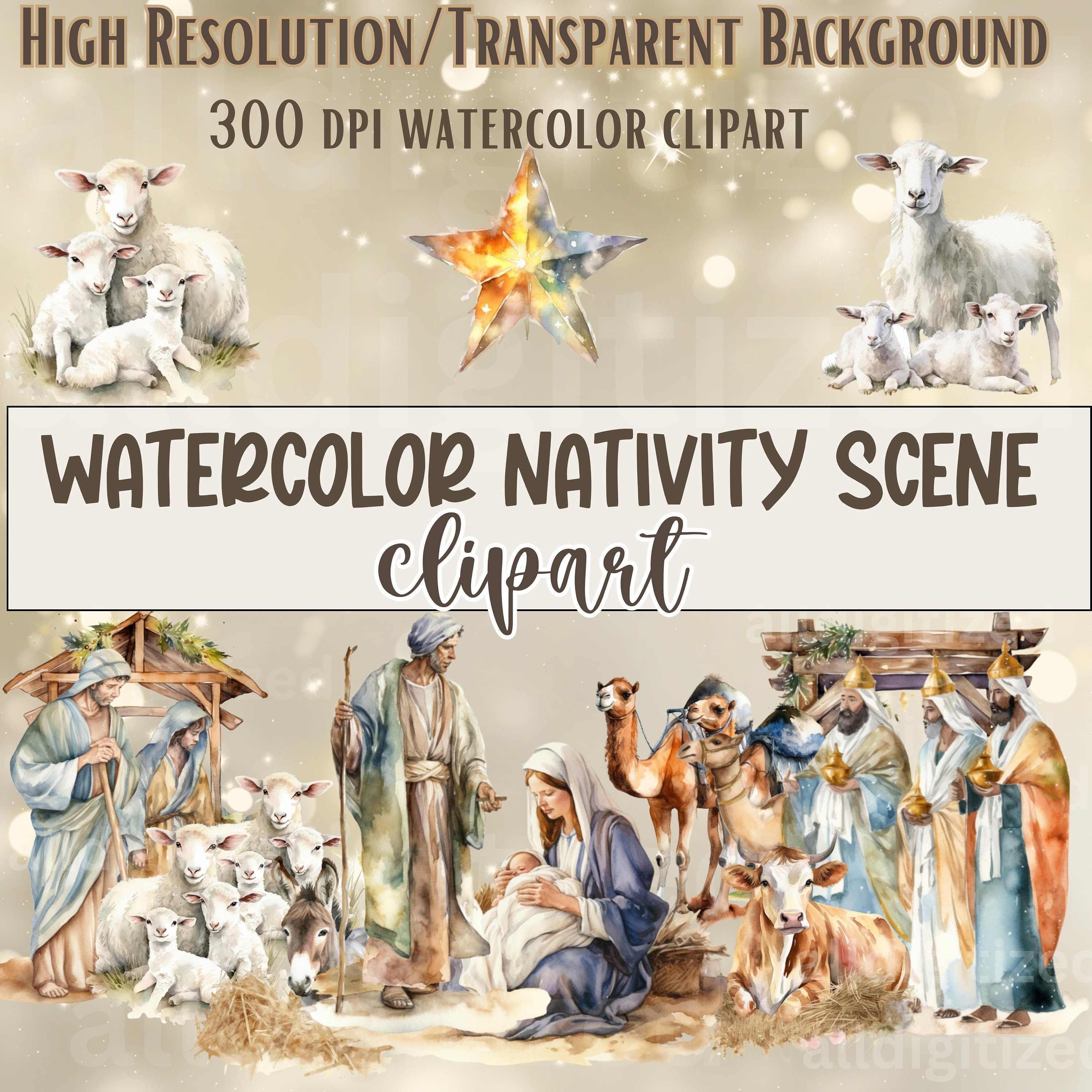 Watercolor Nativity Scene Clipart, 24 PNG Christmas Nativity Set ...