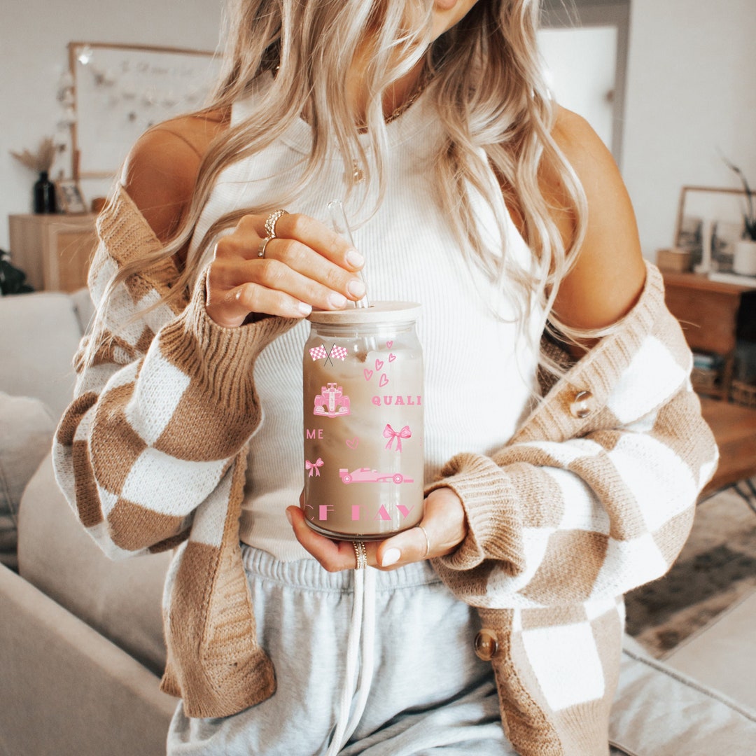 Aesthetic Pink Racing 16 Oz Sipper Glass, Glass Cup With Straw, Gifts ...