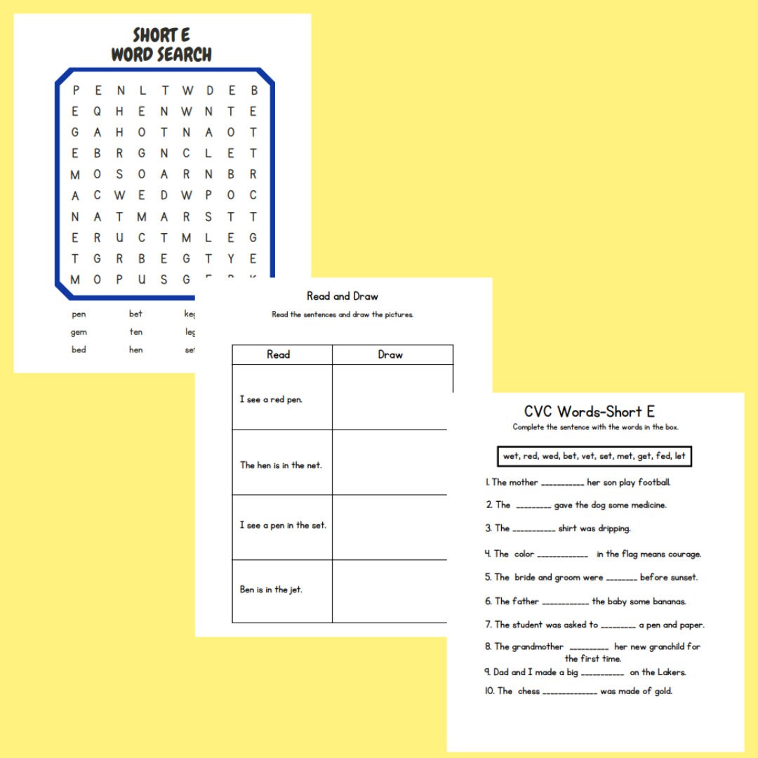 CVC Words: Short E Worksheets | Printable - Etsy